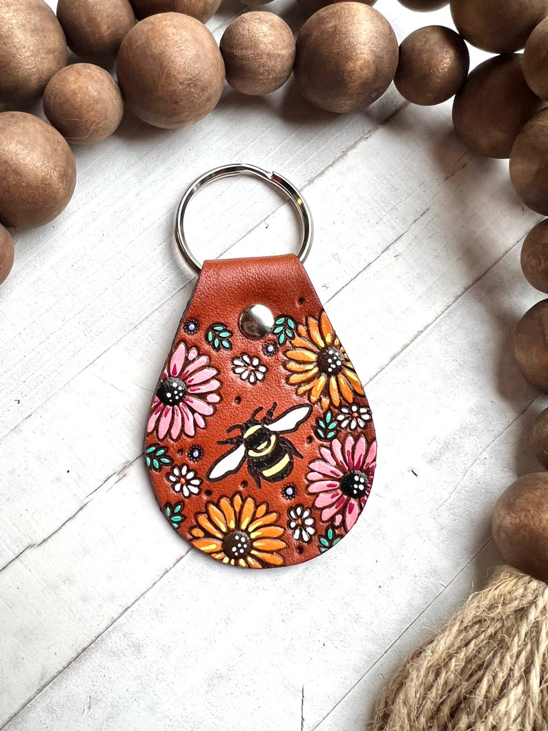 Bumblebee and Flowers Leather Key Fob Floral Keychain Tooled - Etsy