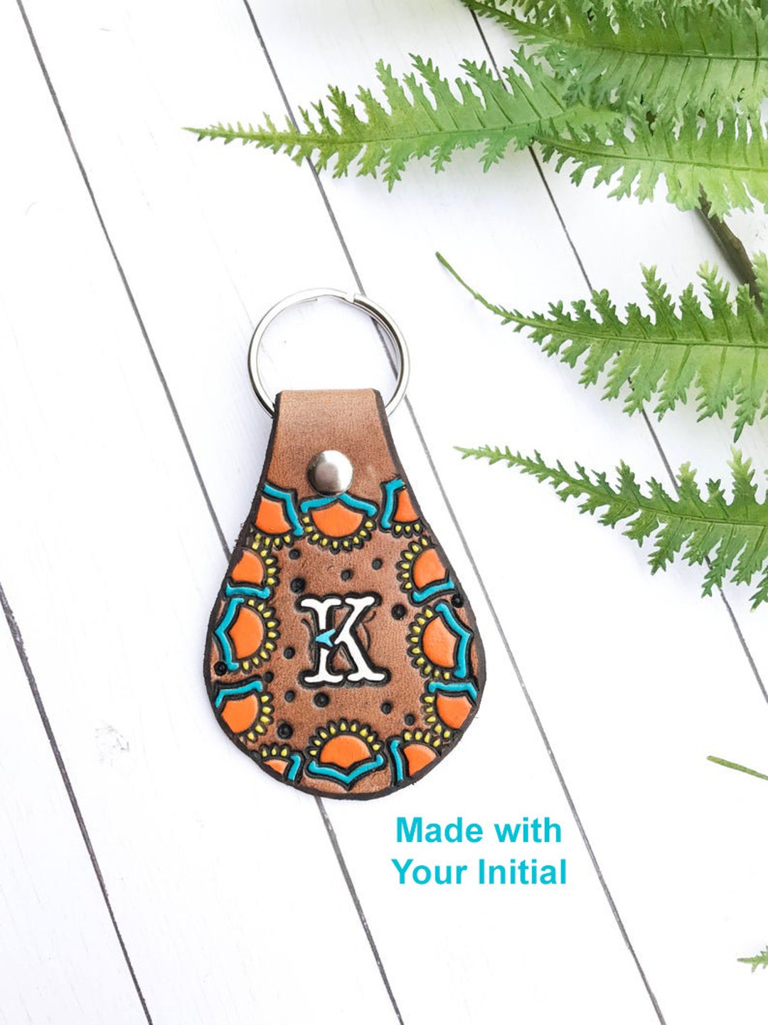 Beach Vibe Sunrise Leather Key Fob, Southwestern Keychain, Tooled and ...