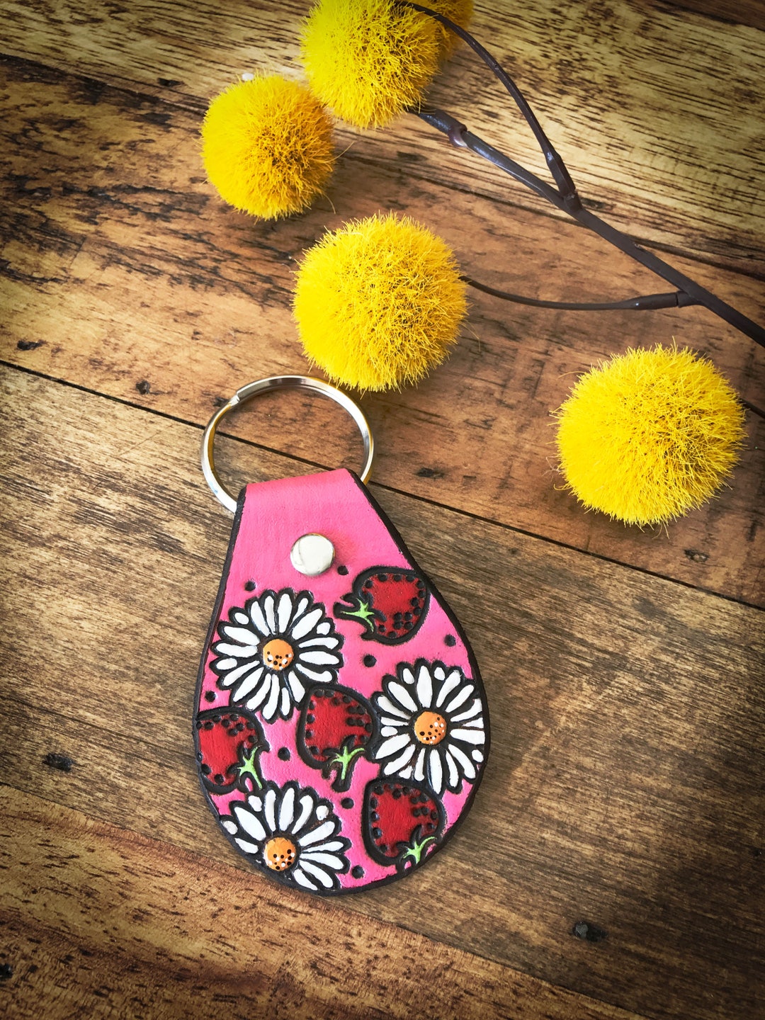 Leather Key Fob Fresh Flowers and Strawberries, Cute Keychain, Tooled ...