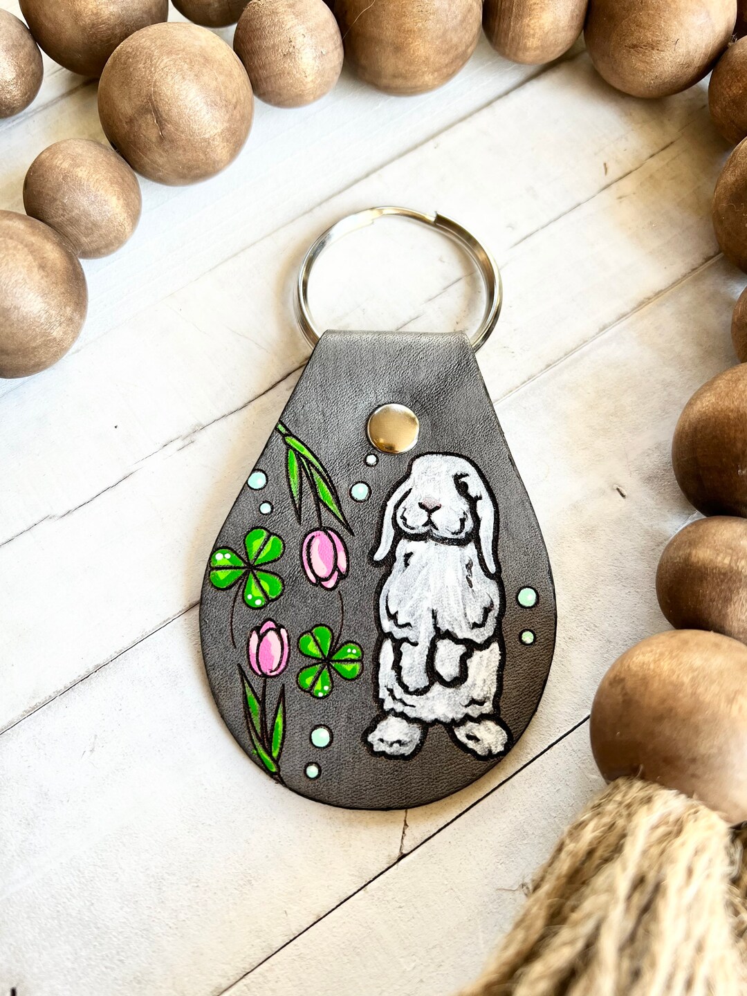 Bunny Rabbit and Tulip Flower Leather Key Fob, Easter Spring Keychain ...