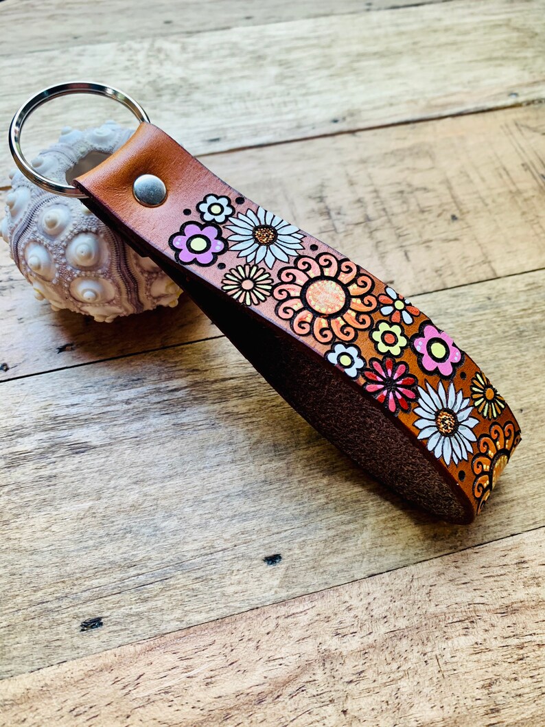 Vibrant Flower Leather Key Ring Tooled and Stamped Leather - Etsy