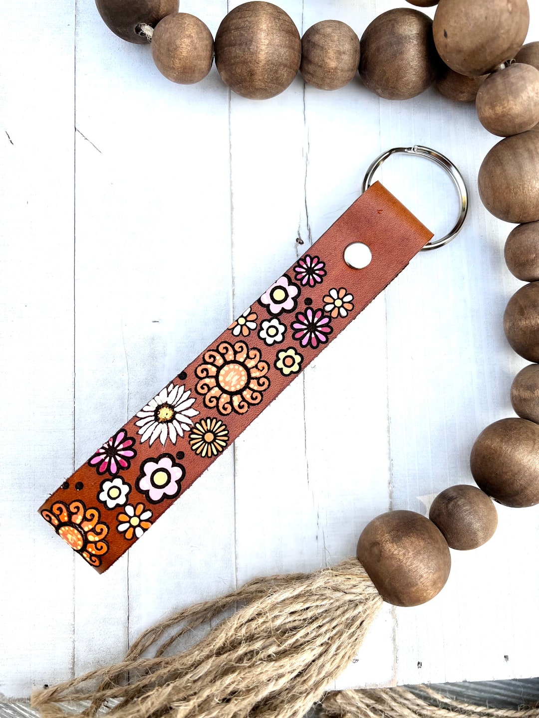 Vibrant Flower Leather Key Ring, Tooled and Stamped Leather, Hand ...