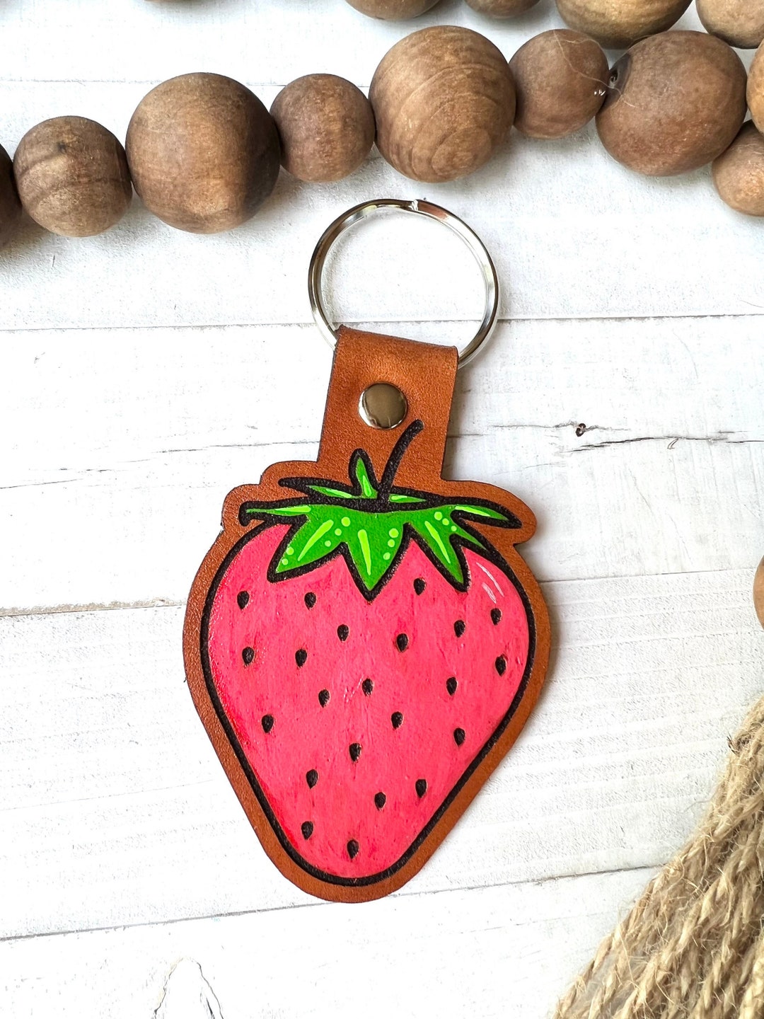 Strawberry Keychain, Tooled and Stamped Leather, Fruit Cute Key Fob ...