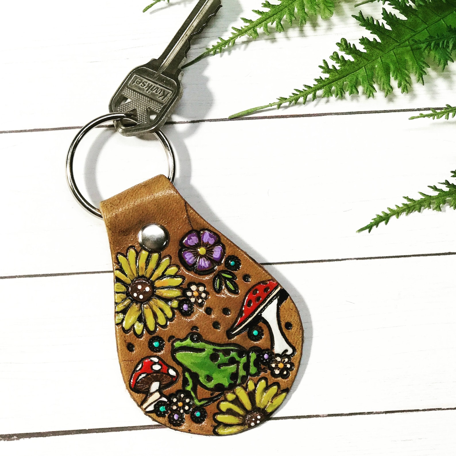 Frog and Mushroom Leather Key Ring Tooled and Stamped - Etsy