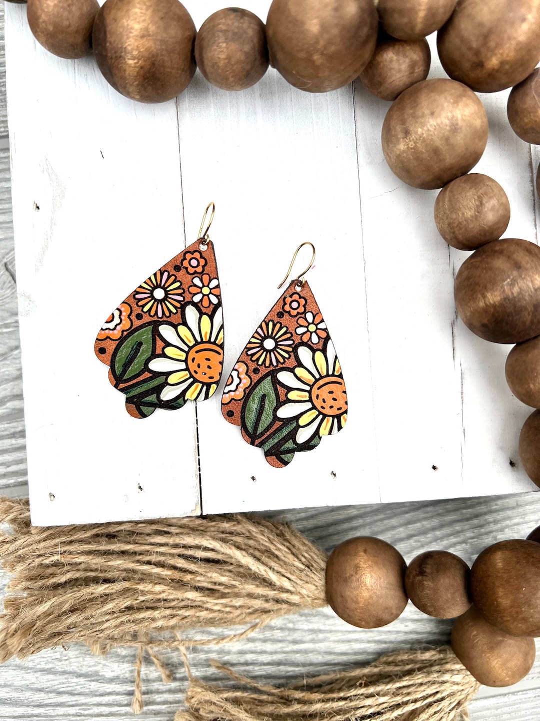 Retro 70s Mod Pop Flower Leather Earrings / Hand Painted Leather / Boho ...