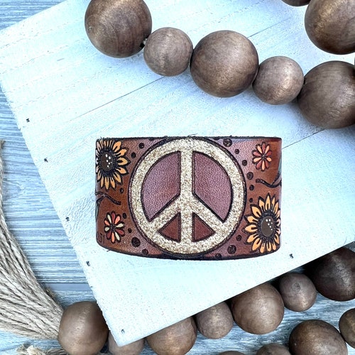 Peace Sign Bohemian Style Leather Cuff/tooled and Stamped - Etsy