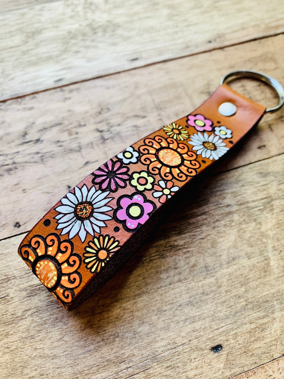 Vibrant flower Leather Key Ring Tooled and Stamped Leather | Etsy