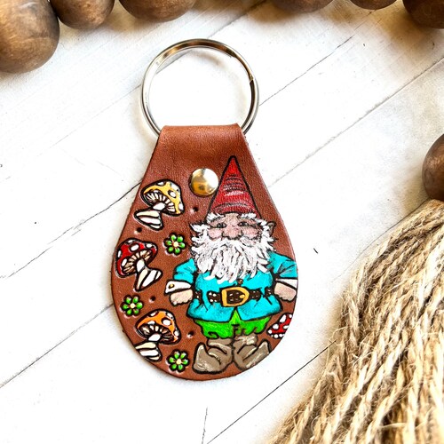 Frog and Mushroom Leather Key Ring Tooled and Stamped - Etsy