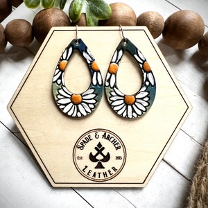 Leather Stamped Daisy Earrings / Hand Painted Leather / Boho Style ...