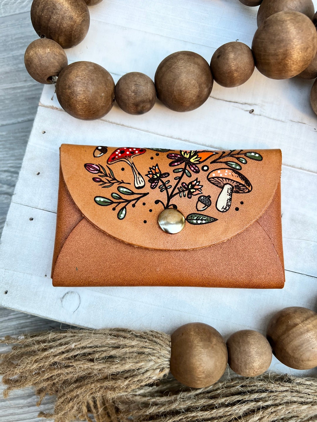 Genuine Leather Mushroom Card Wallet /tooled and Stamped Leather/ Women ...
