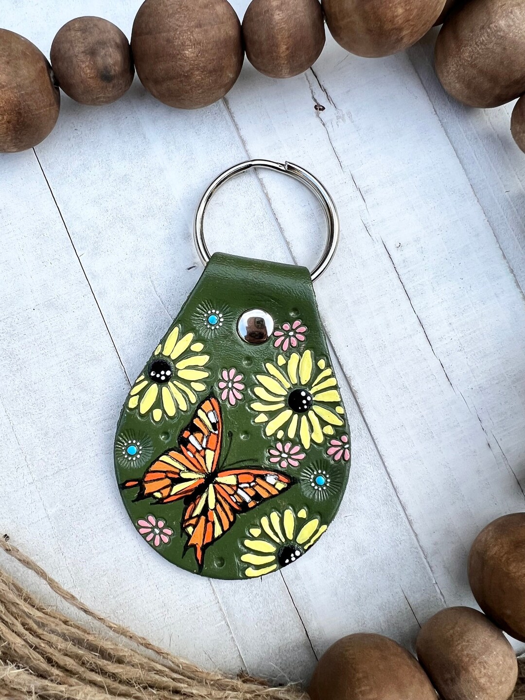 Leather Keychain Butterfly and Sunflowers, Avocado Green Cute Keychain ...