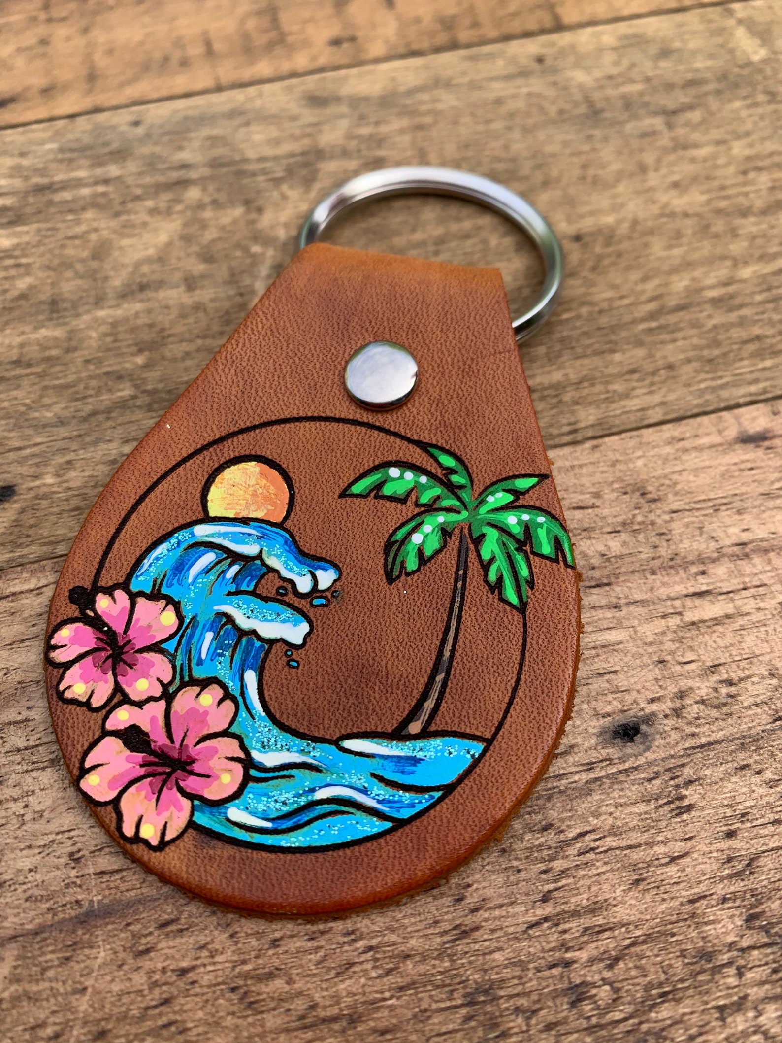 Beach Hawaiian Floral Key Ring, Tooled and Stamped Leather, Hand ...