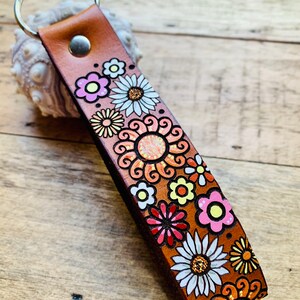 Vibrant Flower Leather Key Ring, Tooled and Stamped Leather, Hand ...
