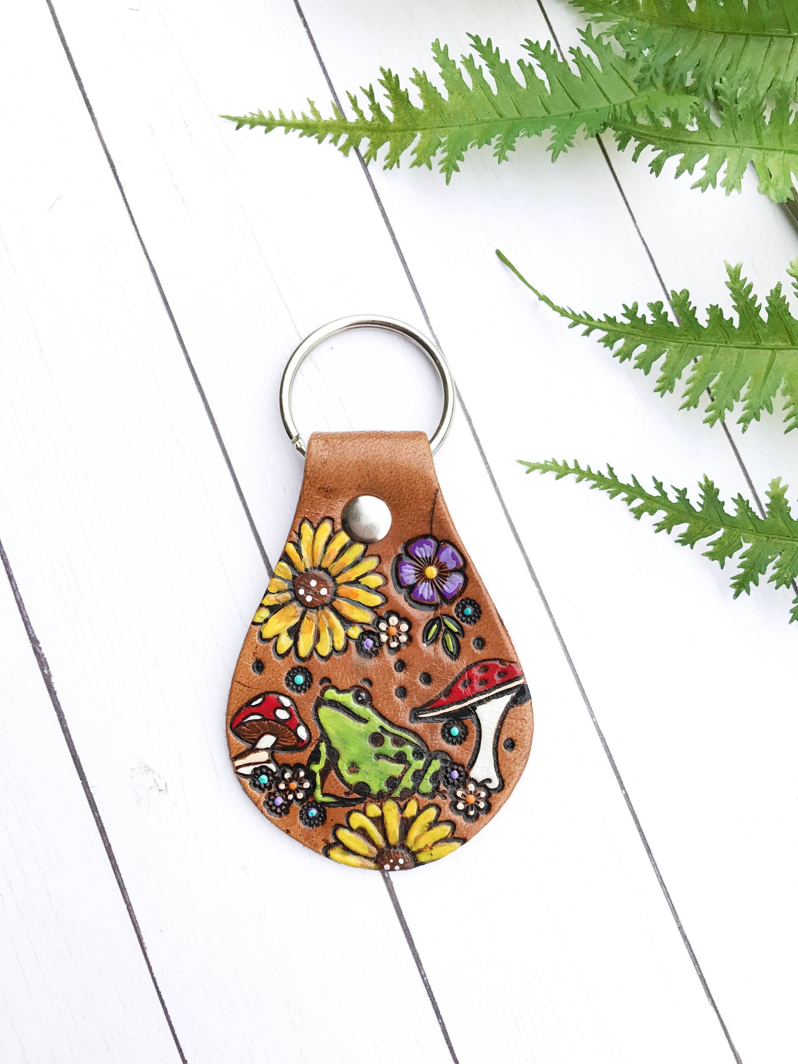 Frog and Mushroom Leather Key Ring Tooled and Stamped - Etsy