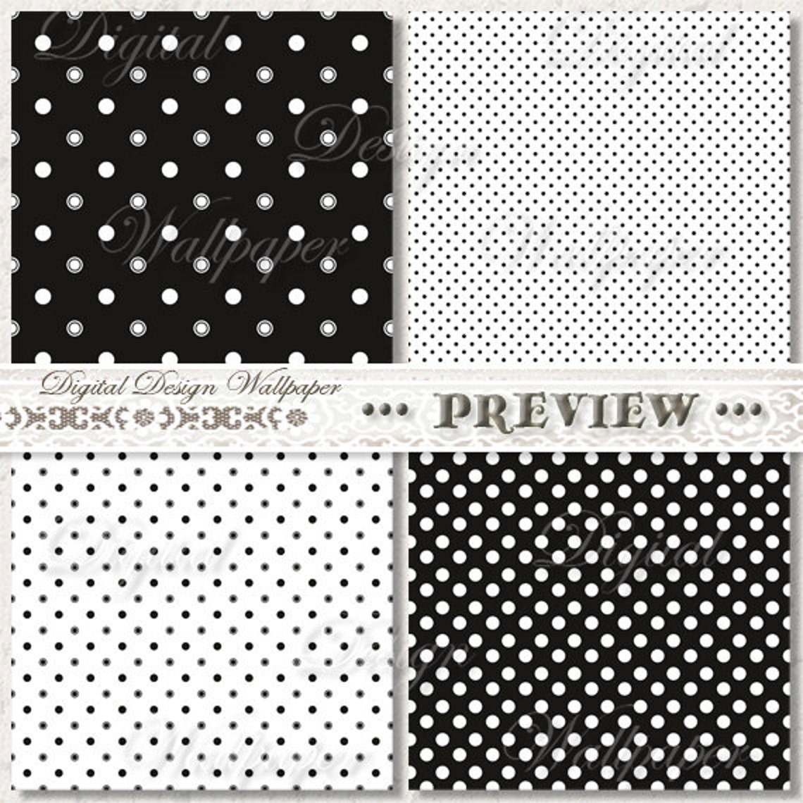 Polka Dot Digital Paper Pack ,digital Paper Black and White,black and ...