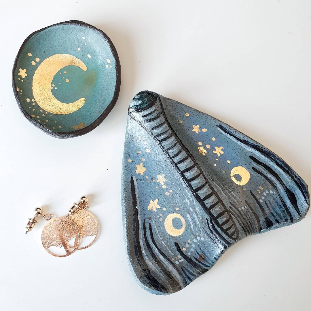 Celestial Moth Ring Dish, Moth and Moon Set, Ceramic Moth Galaxy Moth ...
