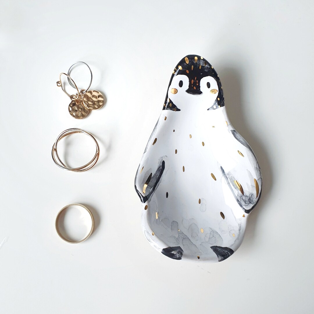 Penguin Ring Dish, Decorated With Gold, Penguin Trinket Dish, Ceramic ...