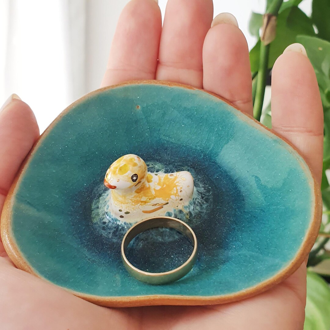 Duckling Ring Dish, Decorated With Gold, Duck Ring Dish, Ceramic Ducking Jewellery Storage, Tiny ...