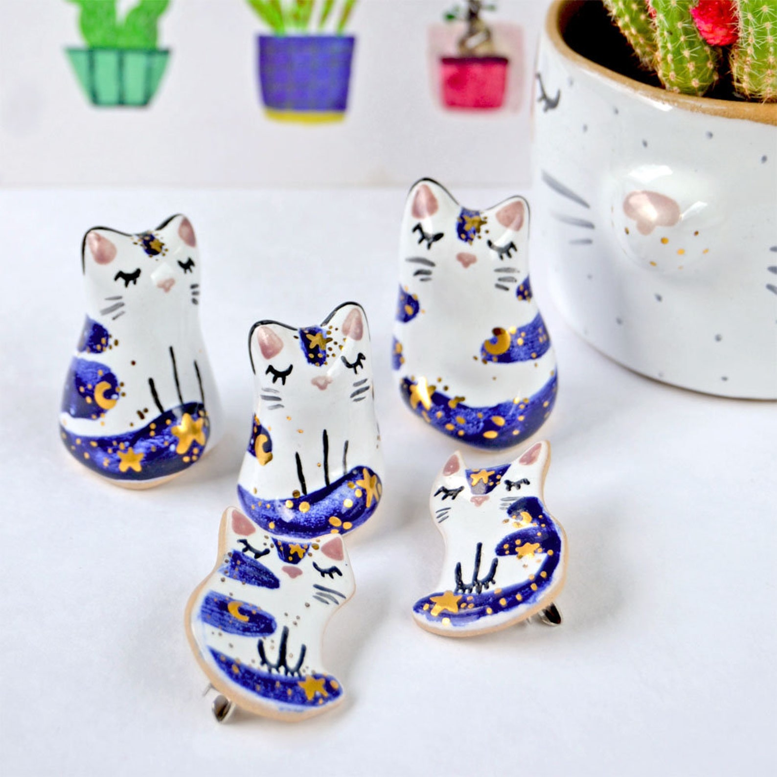 Moon Phases Cat Figurine, Celestial Cat Art, Galaxy Cat Sculpture ...