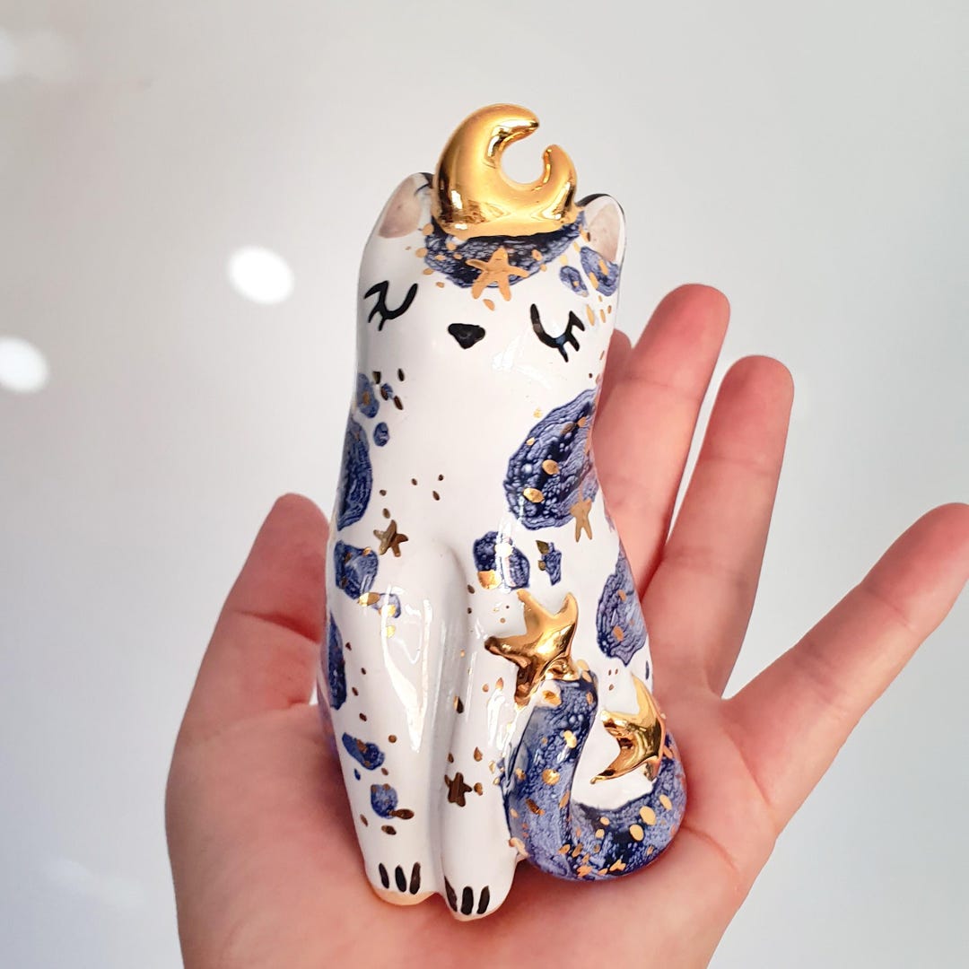 Moon Phases Cat Figurine, Celestial Cat Art, Galaxy Cat Sculpture ...
