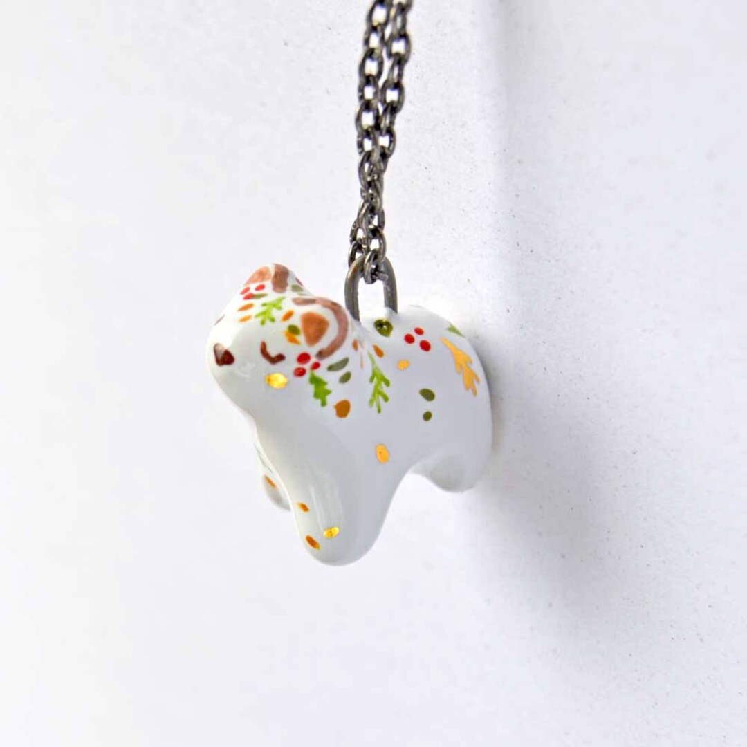Miniature Bear Necklace, Ceramic Bear Jewelry, Floral Decoration ...