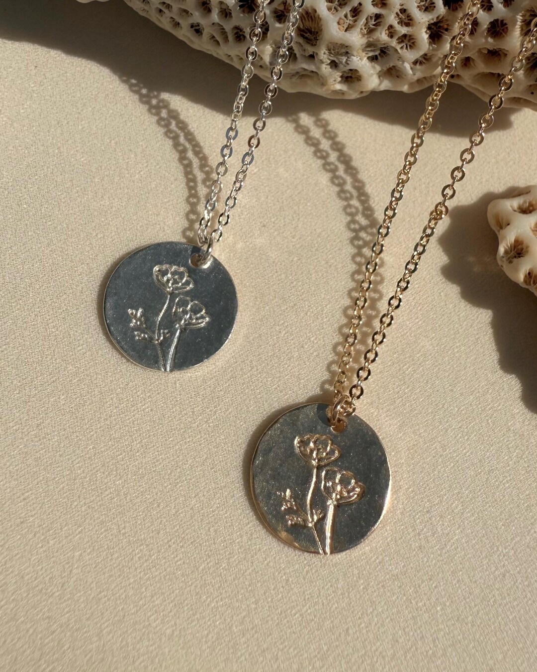 Hand Stamped Poppy Flower Disc Necklace: 14k Gold Fill or Sterling ...