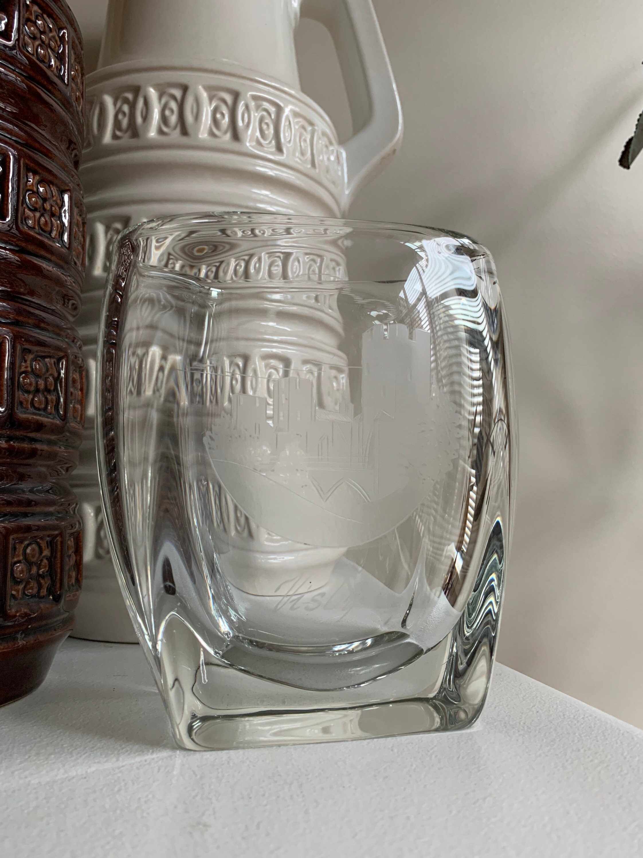 Gorgeous heavy Swedish crystal vase with depiction of castle | Etsy