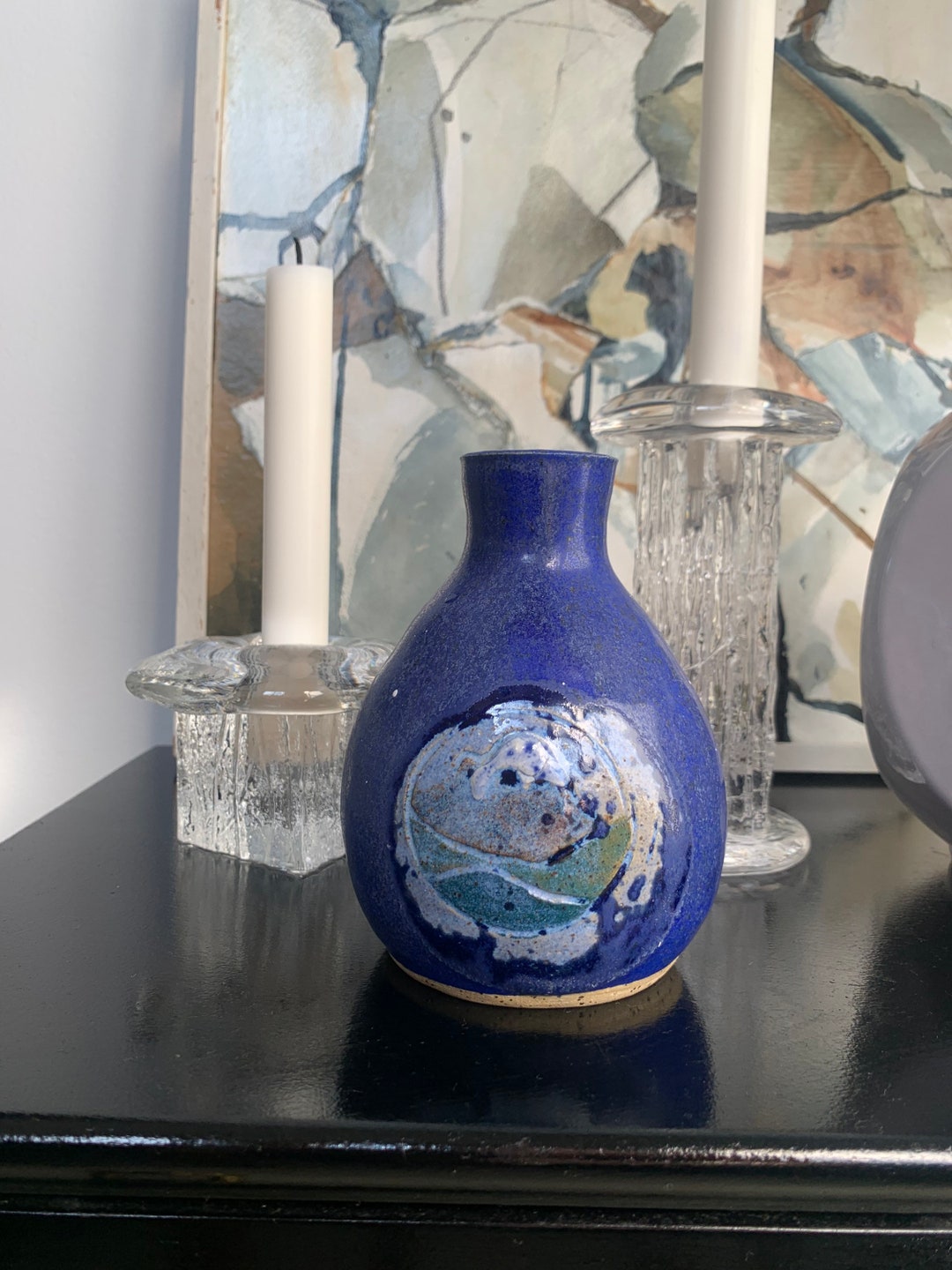 Beautiful Blue Art Pottery Vase With Abstract Scene Matte Glaze - Etsy