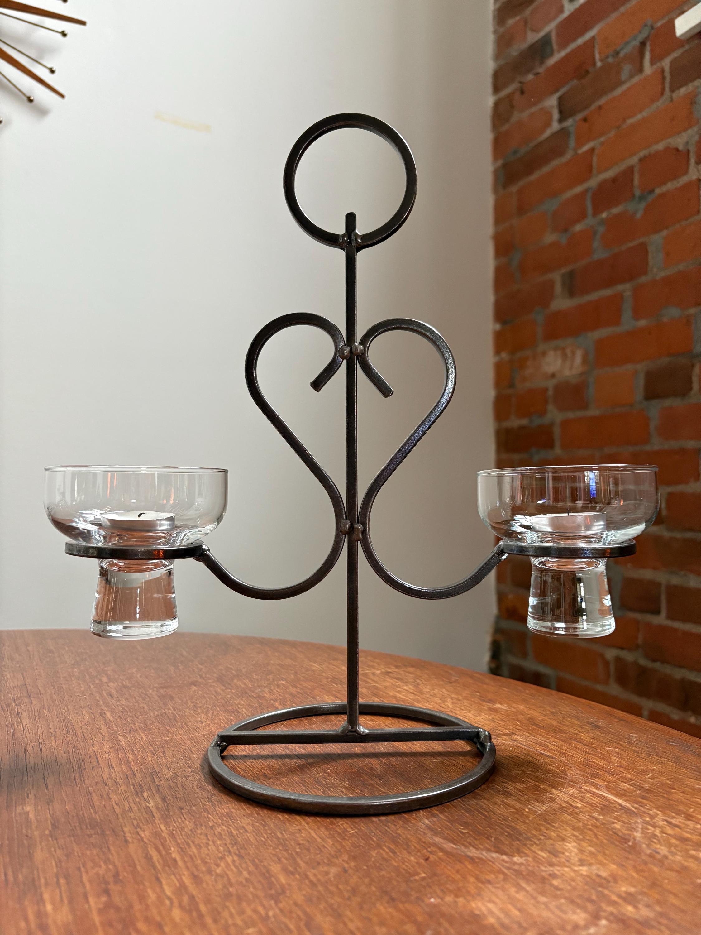 Danish Iron Wrought Metal Candelabra With Glass Inserts in Manner of ...
