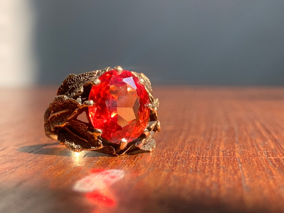 Vintage Synthetic Orange Sapphire Ring With Leaf Mount Fab Patina - Etsy