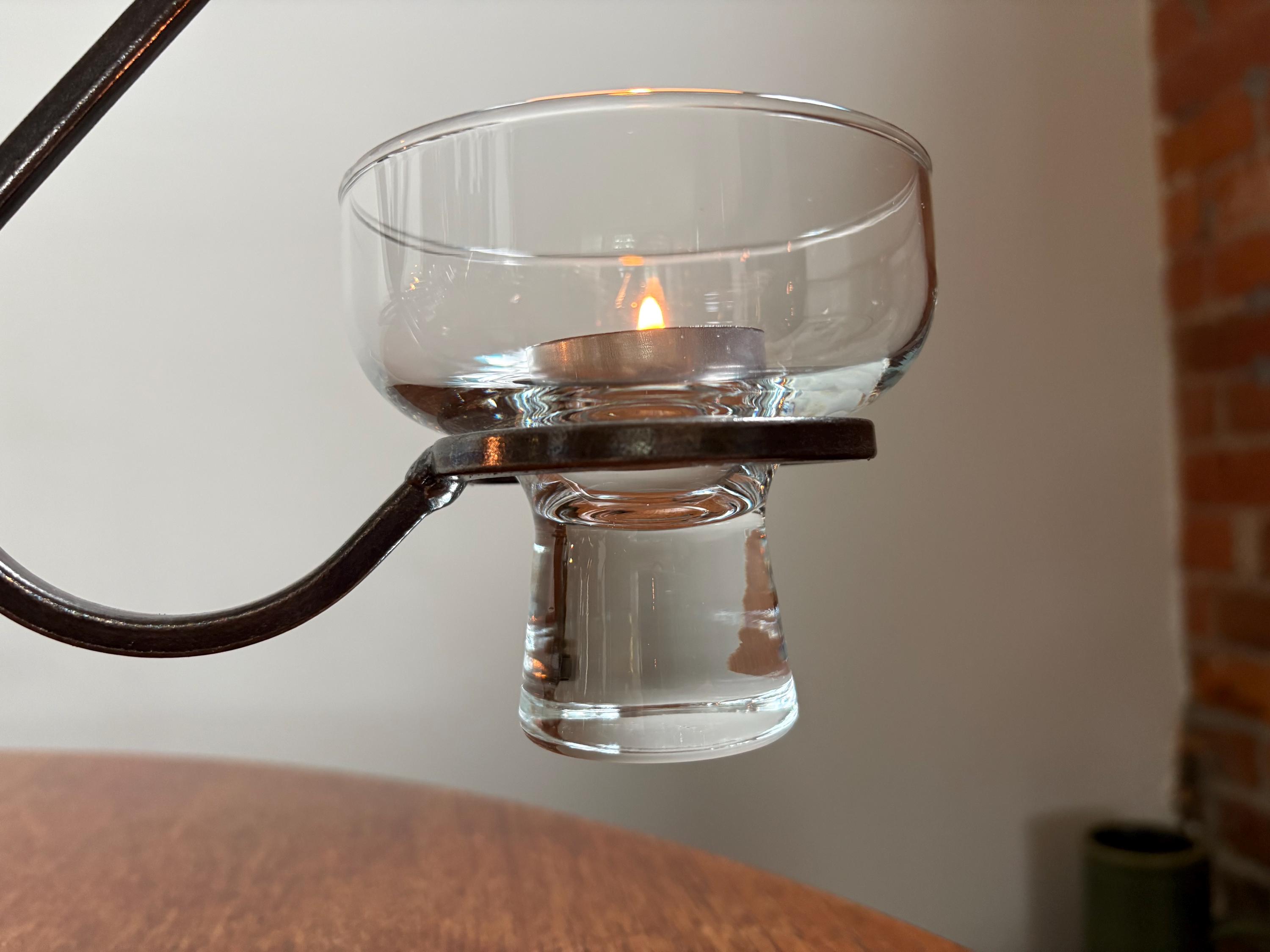 Danish Iron Wrought Metal Candelabra With Glass Inserts in Manner of ...