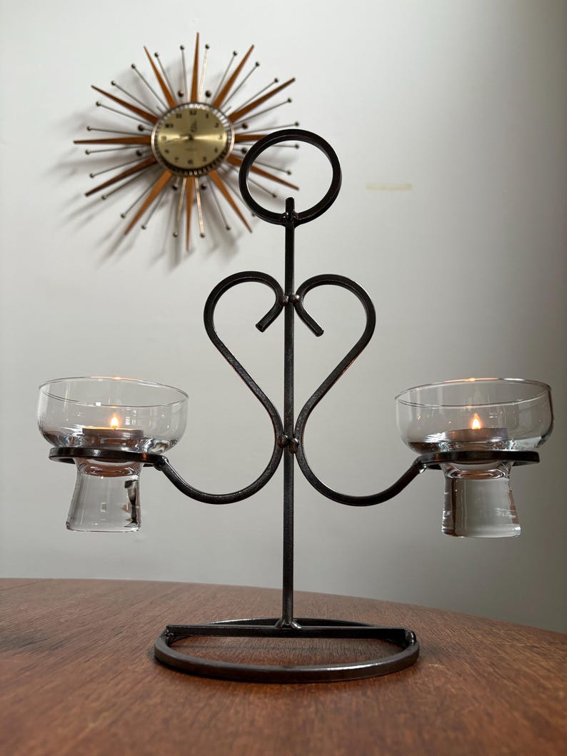 Danish Iron Wrought Metal Candelabra With Glass Inserts in Manner of ...