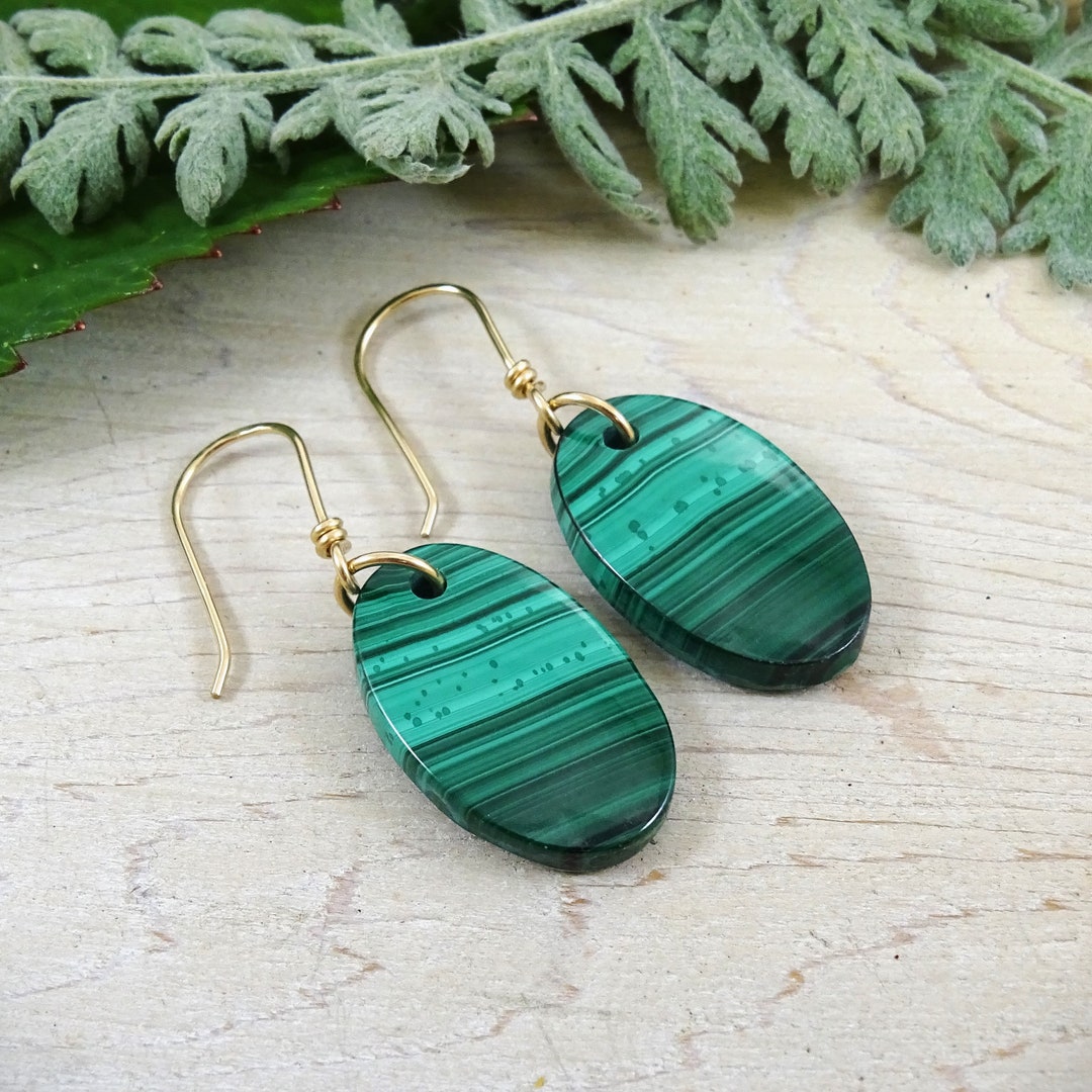 Natural Malachite Earrings | Gold Green Malachite Dangle Drop Oval ...