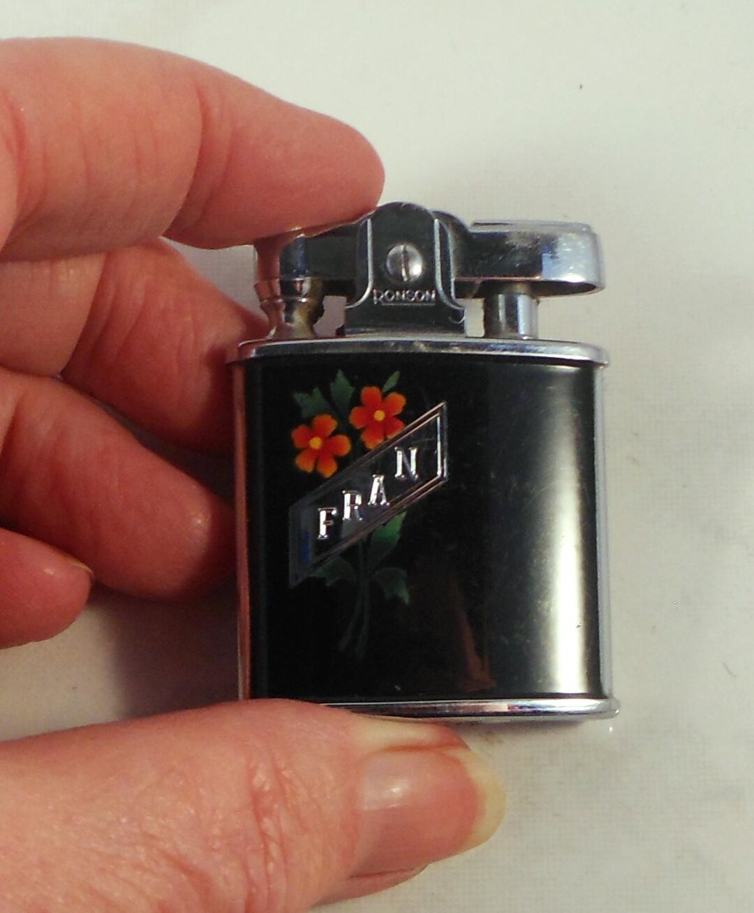 1950's RONSON Princess Lighter in Pretty Black Enamel Case With Flowers ...