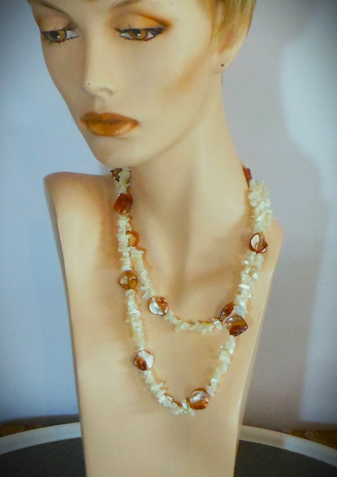 Long Natural Shell Necklace - White Mother of Pearl Beads and Glowing ...