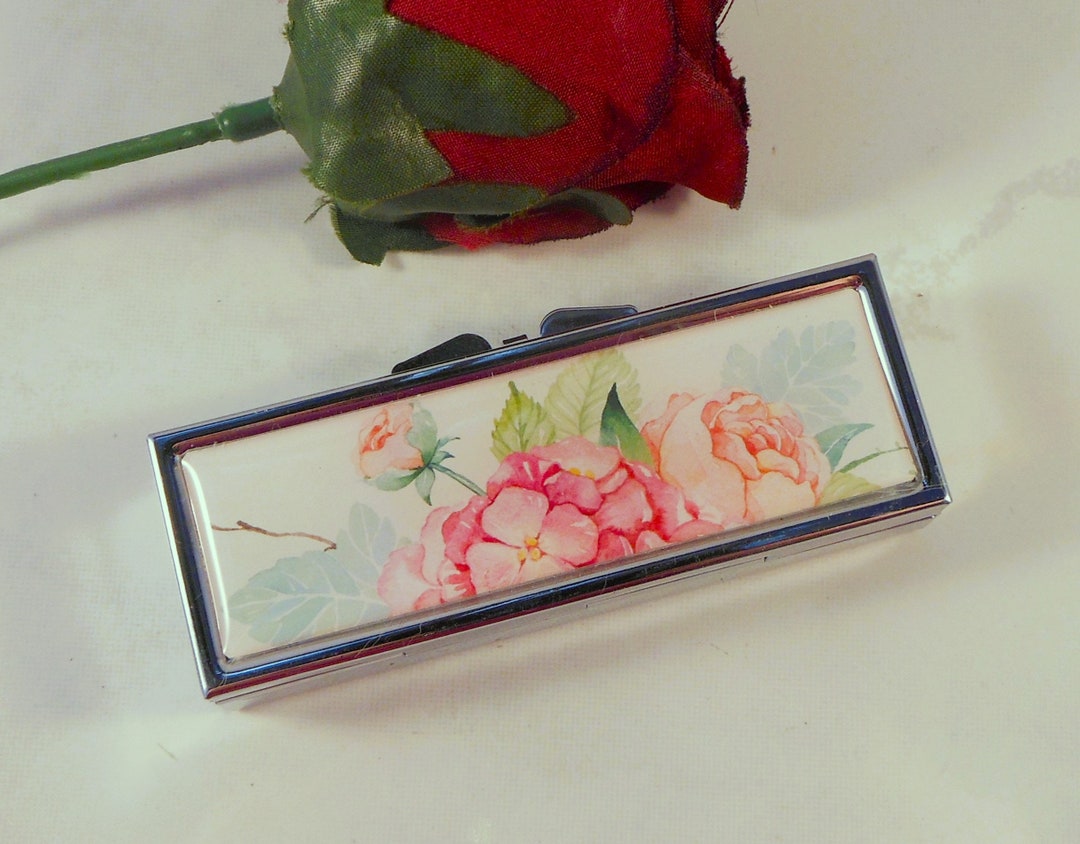 Vintage Little Pill Box With Transfer Print of Flowers With Mirror ...