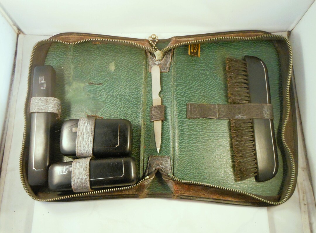 Vintage 1930's Gentleman's Travel Grooming Kit Genuine Leather Case ...