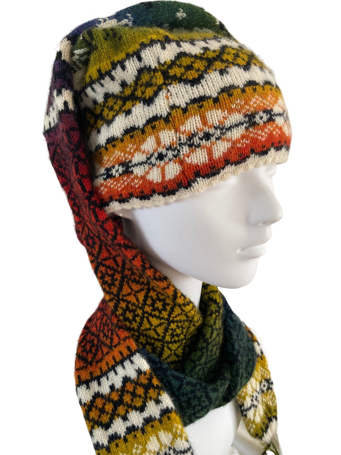 Norwegian Fair Isle Wool Knit Scarf and Attached Ski Hat Combo • Hooded ...
