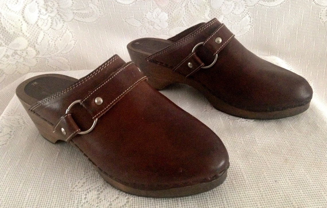 Vintage DOLCIS Clogs Stapled Leather Open Back Mules Brown O-ring Made ...