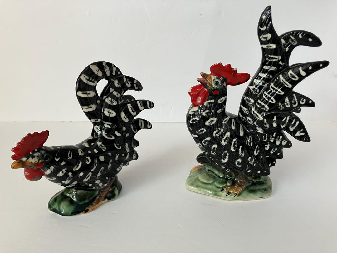 Vintage Lefton Crowing Roosters • Black & White Speckled Ceramic ...