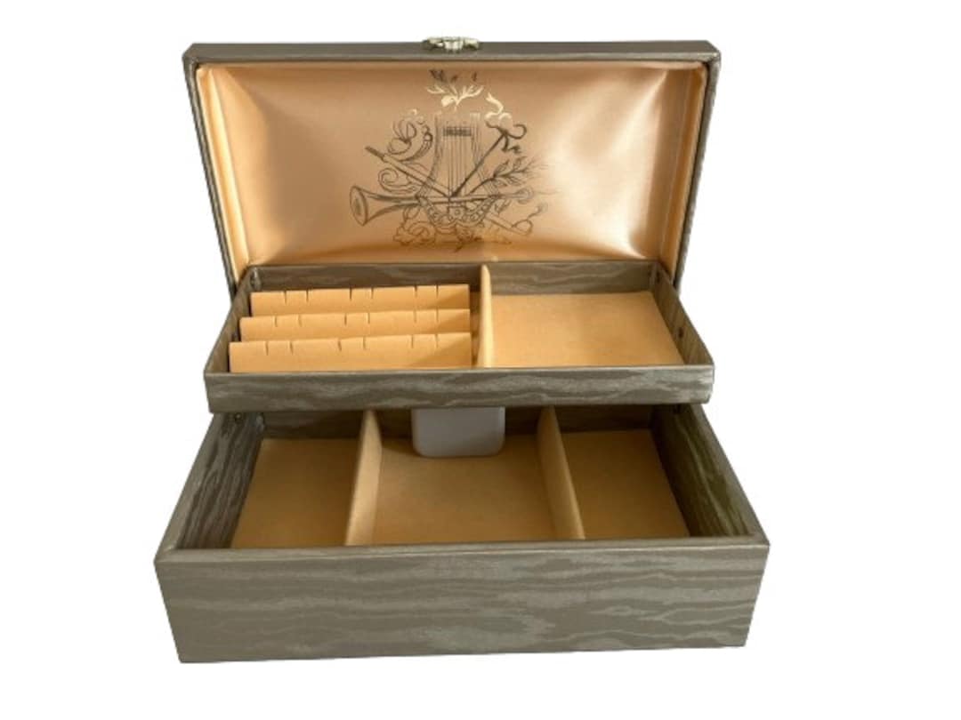Vintage 1960s Buxton Musical Jewelry Box • Gold 2 Tiered With Yellow ...