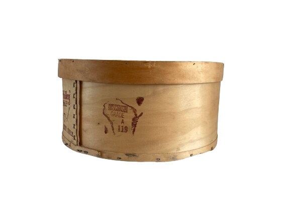 Vintage 80s Round Wooden CHEESE Box • by Dufeck's Denmark Wisconsin ...