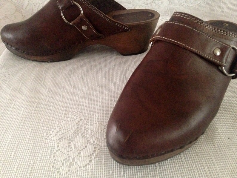 Vintage DOLCIS Clogs Stapled Leather Open Back Mules Brown O-ring Made ...