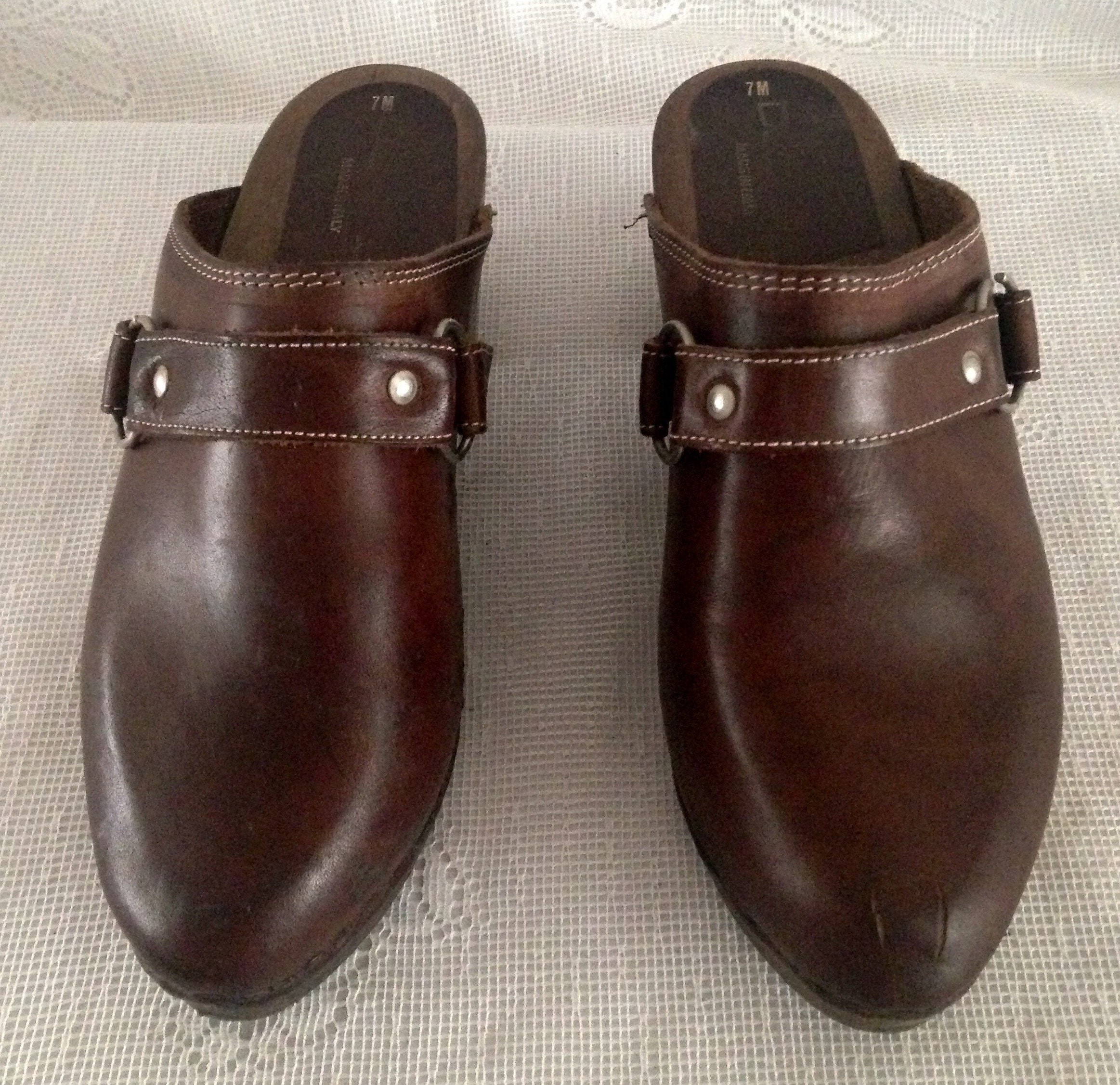 Vintage DOLCIS Clogs Stapled Leather Open Back Mules Brown O-ring Made ...