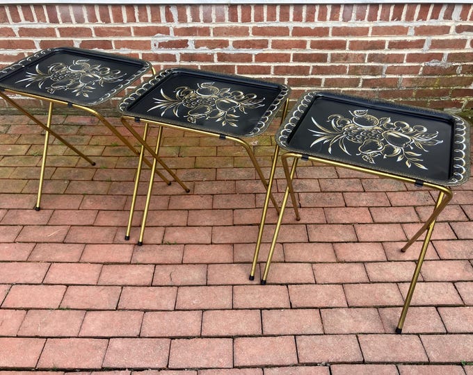 Vintage MCM Folding Collapsible Metal TV Trays / Tables/ Stands • Black ...