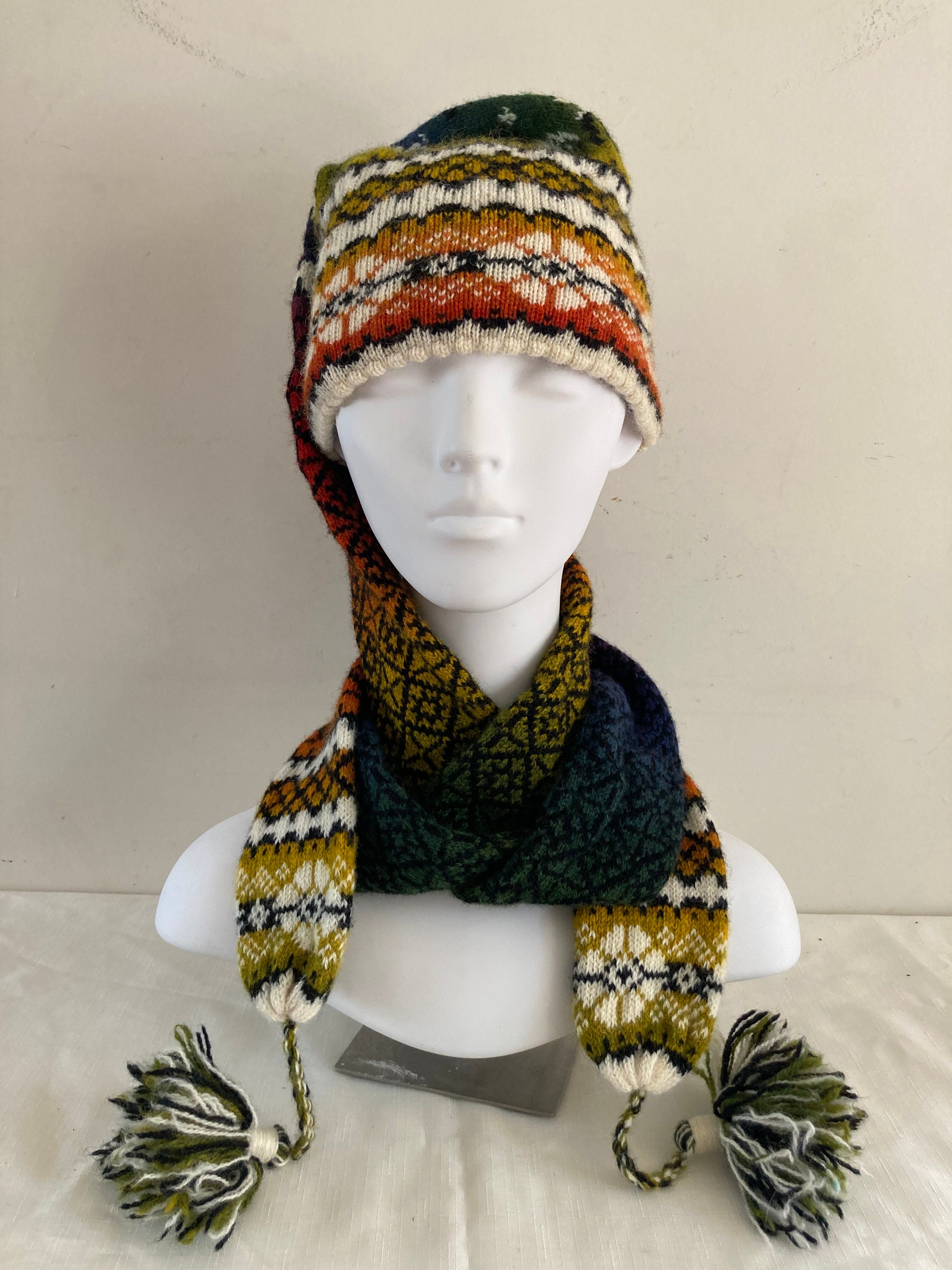 Norwegian Fair Isle Wool Knit Scarf and Attached Ski Hat Combo • Hooded ...