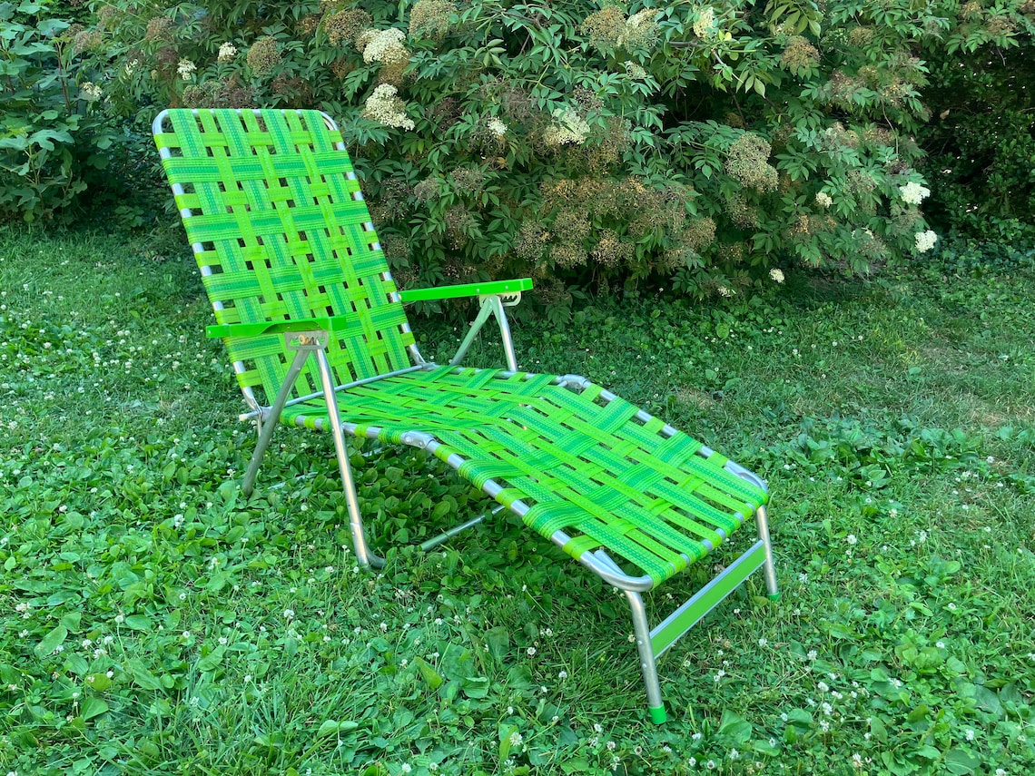Vintage 60's Lime Green Webbed Aluminum Folding Chaise Lounge Reclining ...