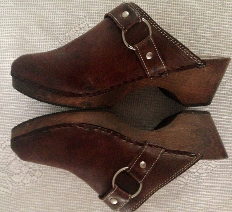 Vintage DOLCIS Clogs Stapled Leather Open Back Mules Brown O-ring Made ...