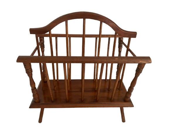 Vintage 60's MCM Wooden Spindle Magazine Rack Spay Legs Curved Carry ...