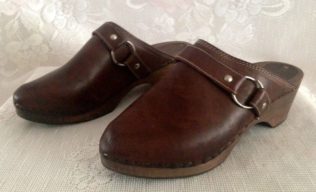 Vintage DOLCIS Clogs Stapled Leather Open Back Mules Brown O-ring Made ...